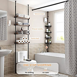 ALLZONE Bathroom Organizer, Over The Toilet Storage, 4-Tier Adjustable Wood Shelves for Small Rooms, Saver Space Rack, 92 to 116 Inch Tall, Narrow Cabinet, Rustic Brown