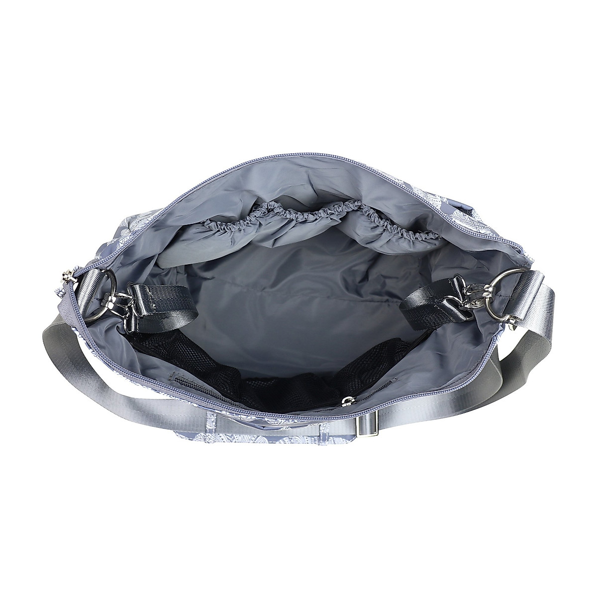 Diaper Bag Purse & matching Changing Pad in Premium Gray Nylon w/ 11 Pockets Insulated for Baby Bottles Silver Tone Hardware Perfect Spacious Crossbody Hobo Bags for Moms Grey Feathers Stroller Straps