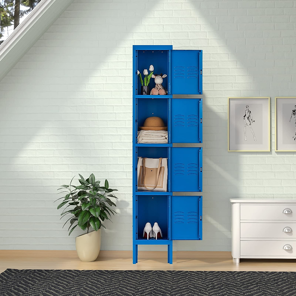 MIIIKO Metal Locker 4 Tiers, Employee Locker Cabinet, 4 Tiers Blue Locker Cabinet for School, Gym and Home Office