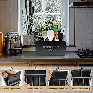 Yleric kitchen utensil organizer for countertop,wooden utensil holder organizer-5 compartments with splints,The tableware rack is used for storing knives, forks, spoons and napkins. (black)