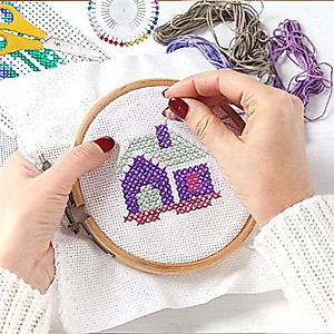 Stamped Embroidery Starters Kits with Pattern for Beginners Little Pink Flowers with Hoops Black Cloth Threads Needlework Art Cross Stitch Kits for Adults Students Home Decoration