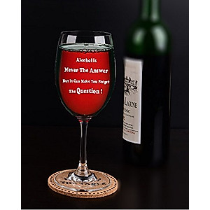 Vaci Funny Wine Glass with 2 Drink Coasters | Dishwasher Safe 15 Oz. Crystal Glass | Alcohol is Never The Answer | Fun Novelty Gift | Great for Bachelor's Parties, Birthdays, Restaurants, Bars & More