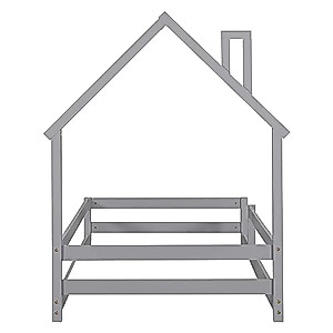 Twin Size Montessori Wood Floor Bed with House-Shaped Headboard and Fences, Full Platform Bed for Kids,Girls,Boys, Low to Ground Height, No Box Spring Needed (Grey)