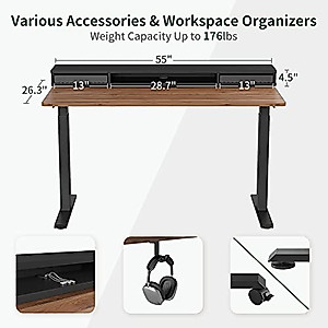 BANTI 55" × 26" Electric Standing Desk with Monitor Stand, Height Adjustable Table with LED Strips, Ergonomic Home Office Furniture with 2 Drawers Storage, Black Walnut Top