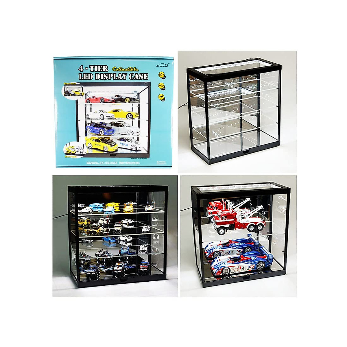 Collectible 4-Layer Display Showcase with USB Powered LED Lights Black for 1/18 1/24 1/32 1/43 1/64 Scale Models MJ7840 MBK