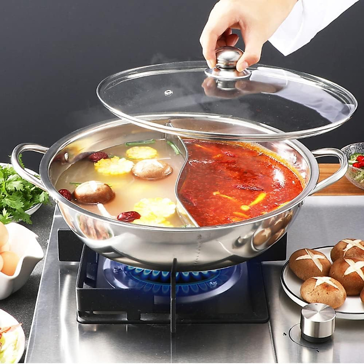 Stainless steel pot with divider, two-flavor separation induction cooker, double-sided soup cooker double-flavor Chinese shabu-shabu, suitable for family gatherings(34CM)