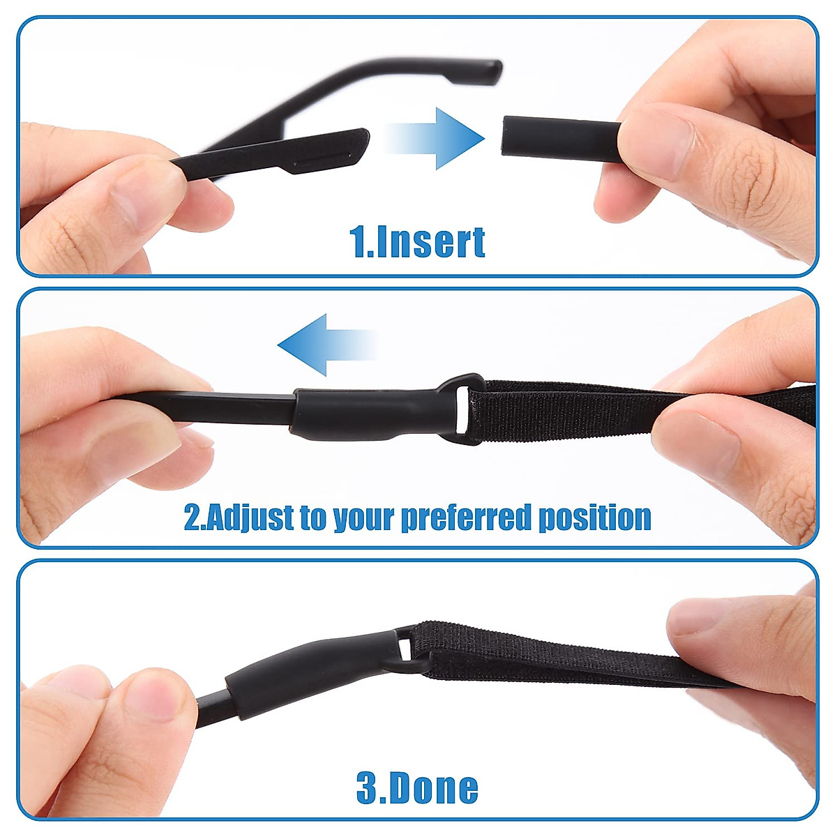 Adjustable Glasses Straps - 3 Pcs No Tail Adjustable Eyewear Retainer Glasse Strap for Men's Glasses Straps, Kids' Glasses Straps, Women's Glasses Straps, Sunglasses Straps, Black(7.5-13.5 inch)