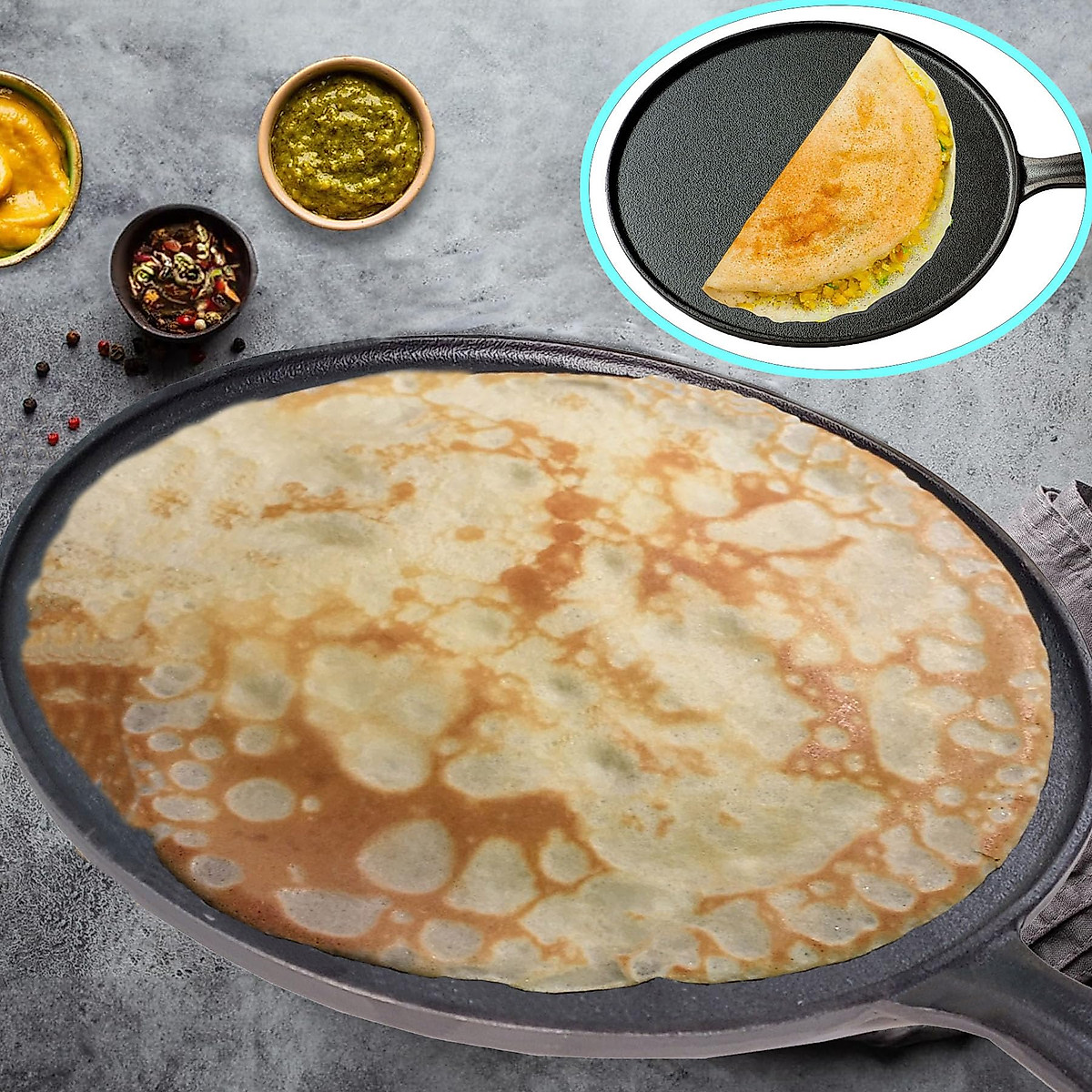 La Cuisine Crepe Tawa Pan for Roti Dosa Comale – Griddle Pizza Pan Cast Iron Pre-Seasoned, 11 Inch / 28cm Diameter, Oven Safe, PFOA Free.