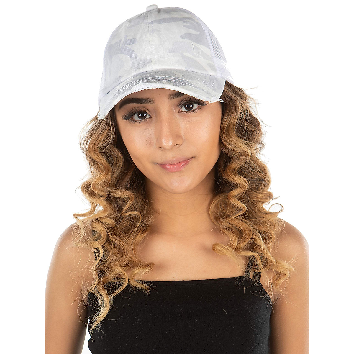 Funky Junque Criss Cross Hat Womens Baseball Cap Distressed Ponytail Messy Bun Trucker Ponycap (Camo White)