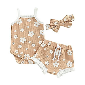 Newborn Infant Baby Girl Clothes Onesie Romper Shorts Set Floral Summer Outfits Cute Baby Clothes for Girls (Boho Khaki,12-18 Months)