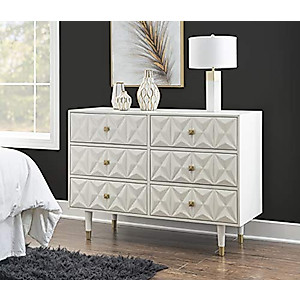 Linon Home Décor Sheerah Six Drawer Geo Texture White Dresser, Gold