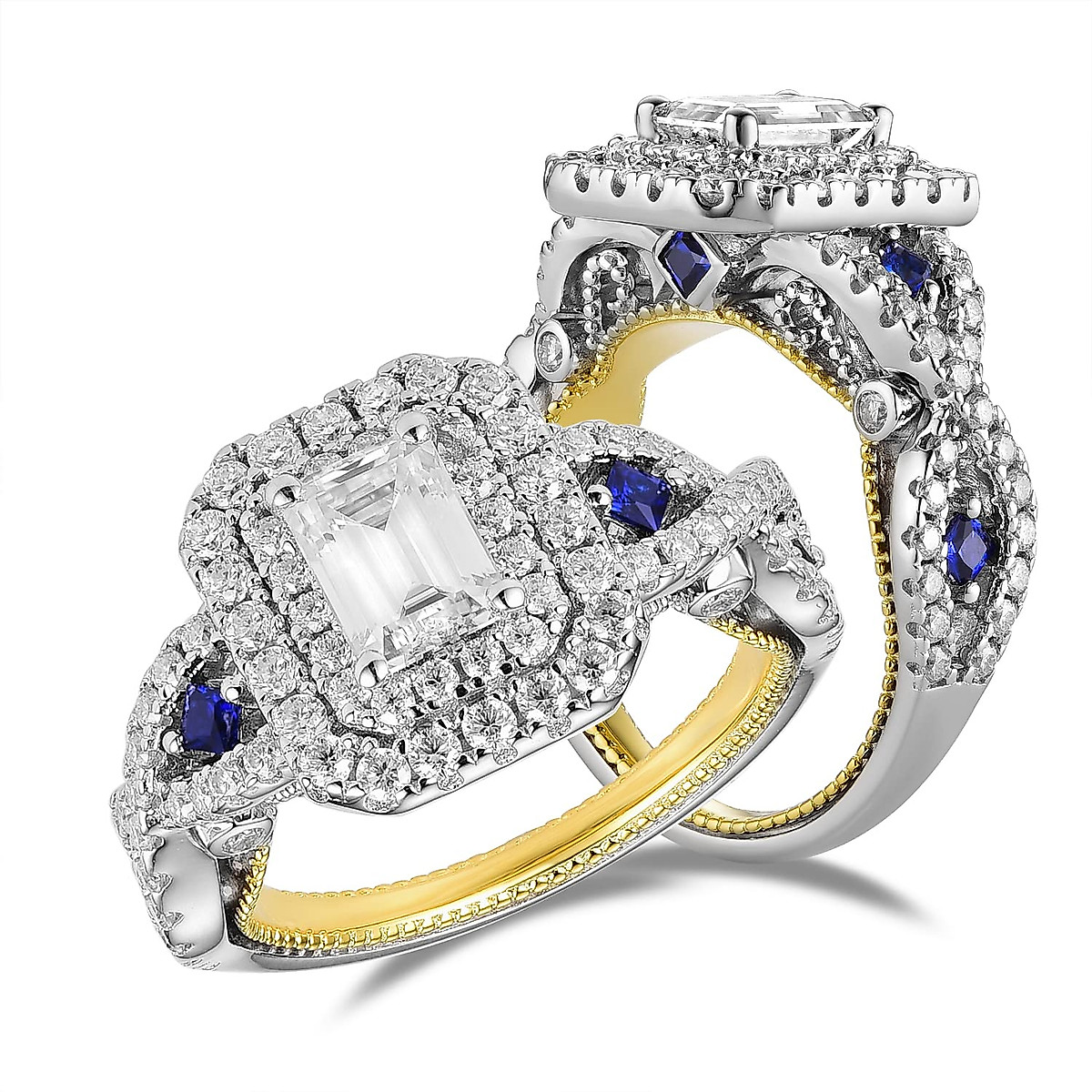 DovEggs Emerald Cut Moissanite Engagement Rings for Women 2.4ctw Center 5x7mm GHI Moissanite Vintage Double Halo Wedding Ring Blue Sapphire Pave 14k Gold QUALITY Sterling Silver (8.5)