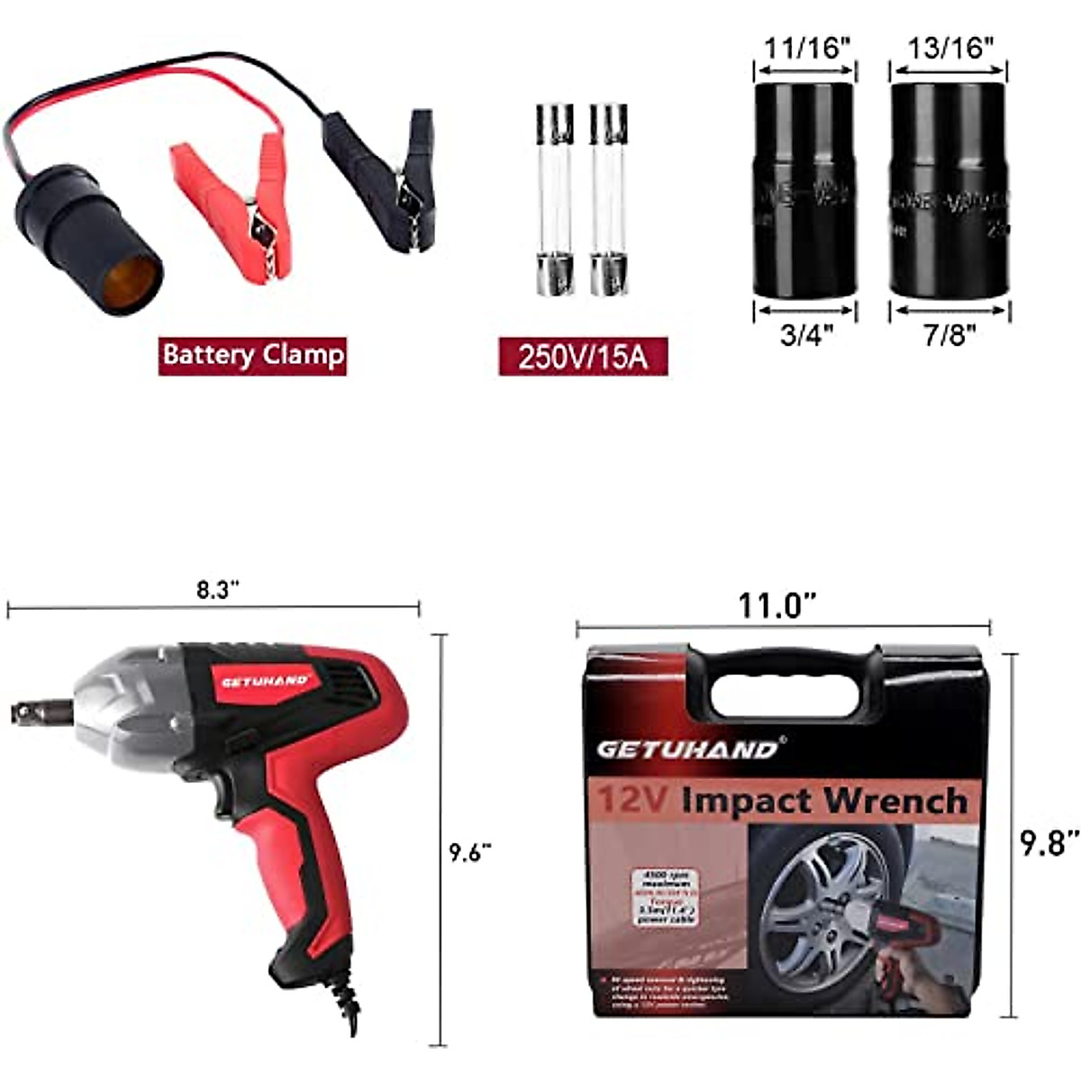 GETUHAND Electric Impact Wrench 1/2 Inch & 12 Volt 400N.M 300ft-lbs Max Torque with 1/2" Strong Square Drive, Portable Car Impact Wrench Kit with Sockets and Carry Case