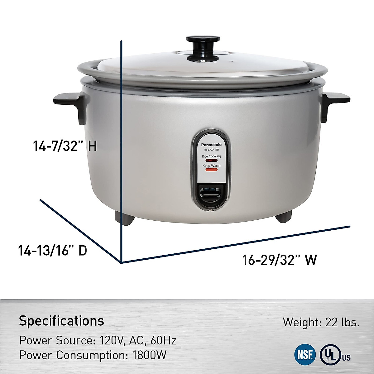 Panasonic Commercial Rice Cooker, Extra-Large Capacity 60-Cup (Cooked), 30-Cup (Uncooked) with One-Touch Operation and Durable Non-Stick Coated Pan - SR-GA541FH – Silver
