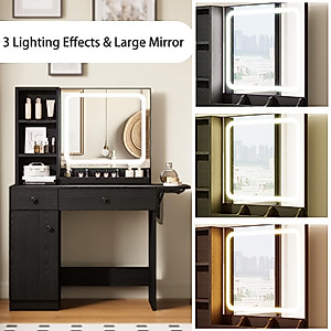 IRONCK Vanity Desk with LED Lighted Mirror & Power Outlet, Makeup Table with Drawers & Cabinet,Storage Stool,for Bedroom, Black