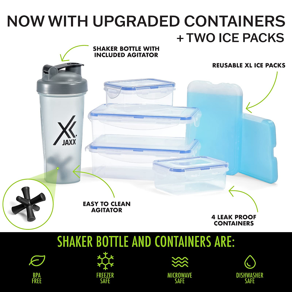 Fit & Fresh JAXX, 9pc Meal Prep Lunch Bag, Gray, Unisex, Polyester, Large Capacity, Insulated, With Containers, Ice Packs, Shaker Bottle