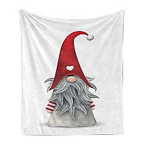 Ambesonne Gnome Soft Flannel Fleece Throw Blanket, Nordic Tonttu Myth Finnish Creature Nisser Scandinavian Folklore Print, Cozy Plush for Indoor and Outdoor Use, 50" x 60", Grey Ruby