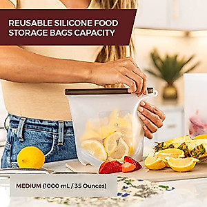 Reusable Silicone Food Storage Bags Bundle, 15 Pack | Includes 35oz Medium Food Preservation Bags set of (4), Beeswax Wrap Set of (3), Silicone Stretch Lids Set of (6), Bag Holder & Cotton Storage Bag as Packaging