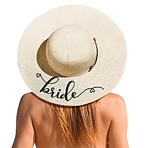 AW BRIDAL Bachelorette Party Favors Bride Hat, Wedding Bride to Be Gifts Bridal Shower Gift for Bride Beach Hat, Wide Brim Floppy Embroidered Straw Sun Hat UPF50+ Beige