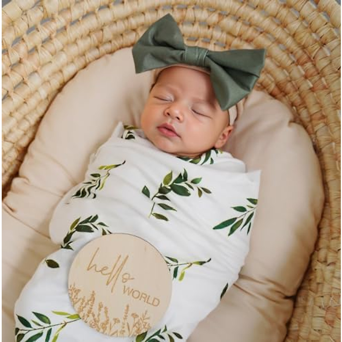 Little Jump stretchy baby Swaddle Blanket and Hat Bow Set, Olive Branches Jersey Cotton Receiving Blanket, newborn hospital outfit for Boys (Green)
