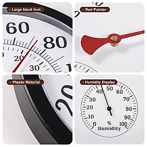 10.5 Inch Indoor Outdoor Thermometer Large Numbers - Weather Thermometer Hygrometer Waterproof, No Battery Needed Outdoor Thermometers for Patio, Home, Garden Decoration (Black)
