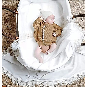 CHUNGEL Cotton Muslin Baby Blanket with Tassel，Large 47" x 47" Baby Receiving Blanket with Fringe, Boho Muslin Swaddle Blanket with Fringe, Nursery Decor Throw or Nursing Fringed Blankets (White)