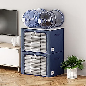 2 Pack Foldable Storage Box Oxford Fabric Clothes Container Organizer with Handle and Large Clear Window Stackable Large Capacity Storage Bins Boxes for Toys , Bedding , Books (100L, Blue)