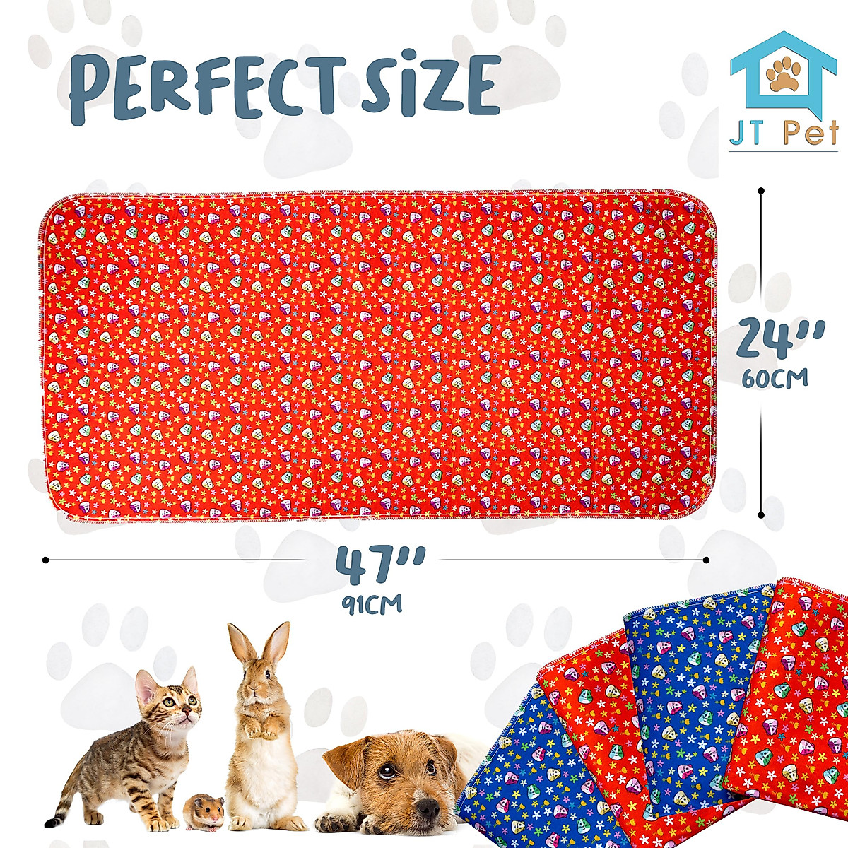 JT Pet Guinea Pig Cage Liner Fleece Cage Liners Puppy Pads Washable Reusable Waterproof Pee Pads Hamster Bedding Extra Large Dog Crate Lining (Set of 4 - 47" x 24") (Blue Red Piggies)
