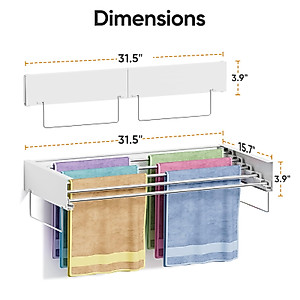 Wall Mounted Drying Rack, Laundry Clothes Drying Rack Foldable, Collapsible Drying Rack Clothing Wall Mount with 2 Towel Handles and Wall Template for Indoor Outdoor Hanging Clothes, 5 Rods, 31.5 Inch