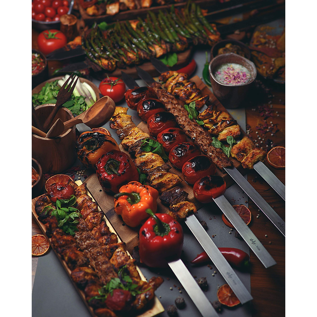 + HOM 8 Kebab 1" Wide Flat Skewers, Stainless Steel, No-Wood Handle, Koobideh Persian Kabob, Carrying Case