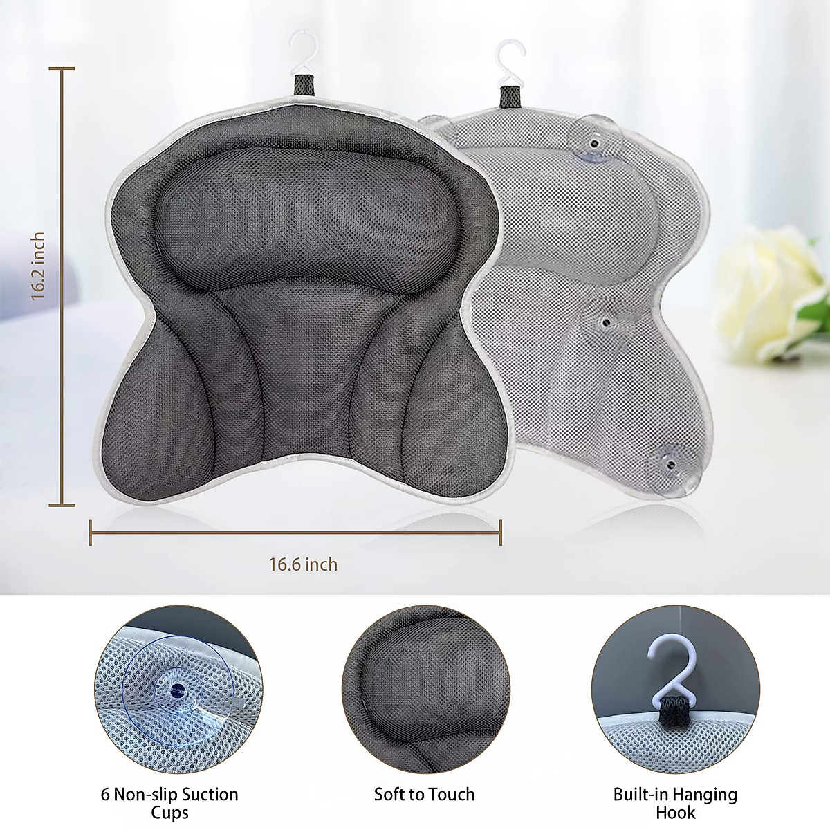 Bath Pillow - Ergonomic Bath Pillows for Tub Neck and Back Support, Bathtub Pillow with Powerful Suction Cups, Quick Dry & Ultra Soft 4D Mesh Tub Pillow for Bath, Bath Cushion