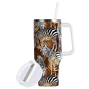 Zebra Palm Leaves Insulated Stainless Steel Water Bottle with Handle and Straw Lid Double Walled Travel Mug 40 oz