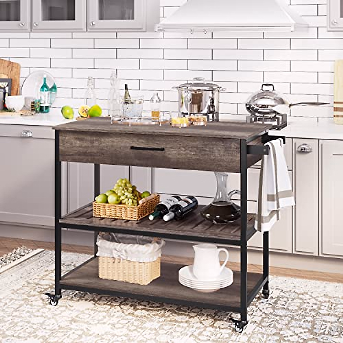 Yaheetech Kitchen Cart with Storage, Rolling Kitchen Island with Drawer and Towel Rack, Utility Shelf Microwave Stand Cart with Lockable Wheels for Dining Room, 40 x 20 x 36 inches, Taupe Wood