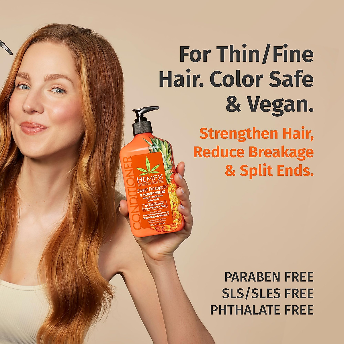 Hempz Biotin Conditioner - Sweet Pineapple & Honey Melon - For Thin/Fine Hair Growth & Strengthening of Dry, Damaged and Color Treated Hair, Hydrating, Softening, Moisturizing - 17 FL OZ