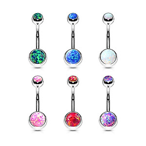 FIFTH CUE Opal Set Double Jeweled 316L Surgical Steel Naval Belly Button Ring (Opal White)