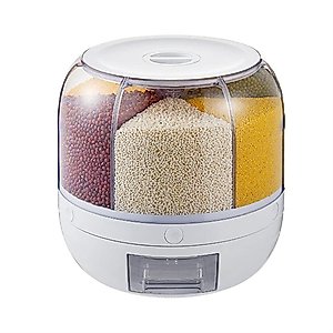SFNTION Dry Grain & Rice Storage Container - 12L Separate Rice Bucket Cereal Dispenser for Pantry and Kitchen Countertop 6 Grid Rotating Food Grain Organizer Box Automatic Output Food