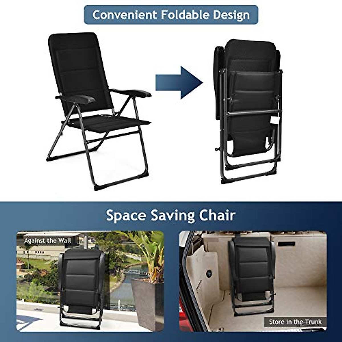 DORTALA 2-Piece Foldable Patio Chairs, Folding Chairs w/Adjustable Backrest, Outdoor Sling Chairs for Deck, Backyard, Bistro, 300 lbs Capacity, Set of 2, Black