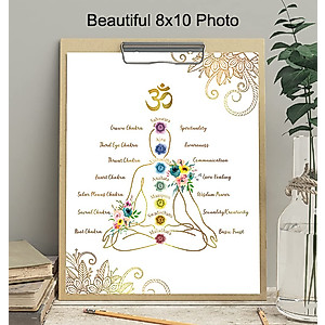 Chakras Meditation Decor - Zen Buddhism Wall Art - Spa Decor, Bedroom, Living Room, Bathroom - Yoga Namaste Poster Print - Gold White Lotus Flower Mandala - Gift for Buddhist, New Age Women