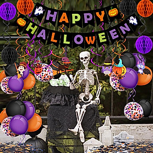 Happy Halloween Banner Paper Honeycomb Ball Swirl Streamers Circle Confetti Dots Balloons Pumpkin Ghouls Bat Cat for Halloween Party Decorations Indoor Outdoor Wall Door Decoration