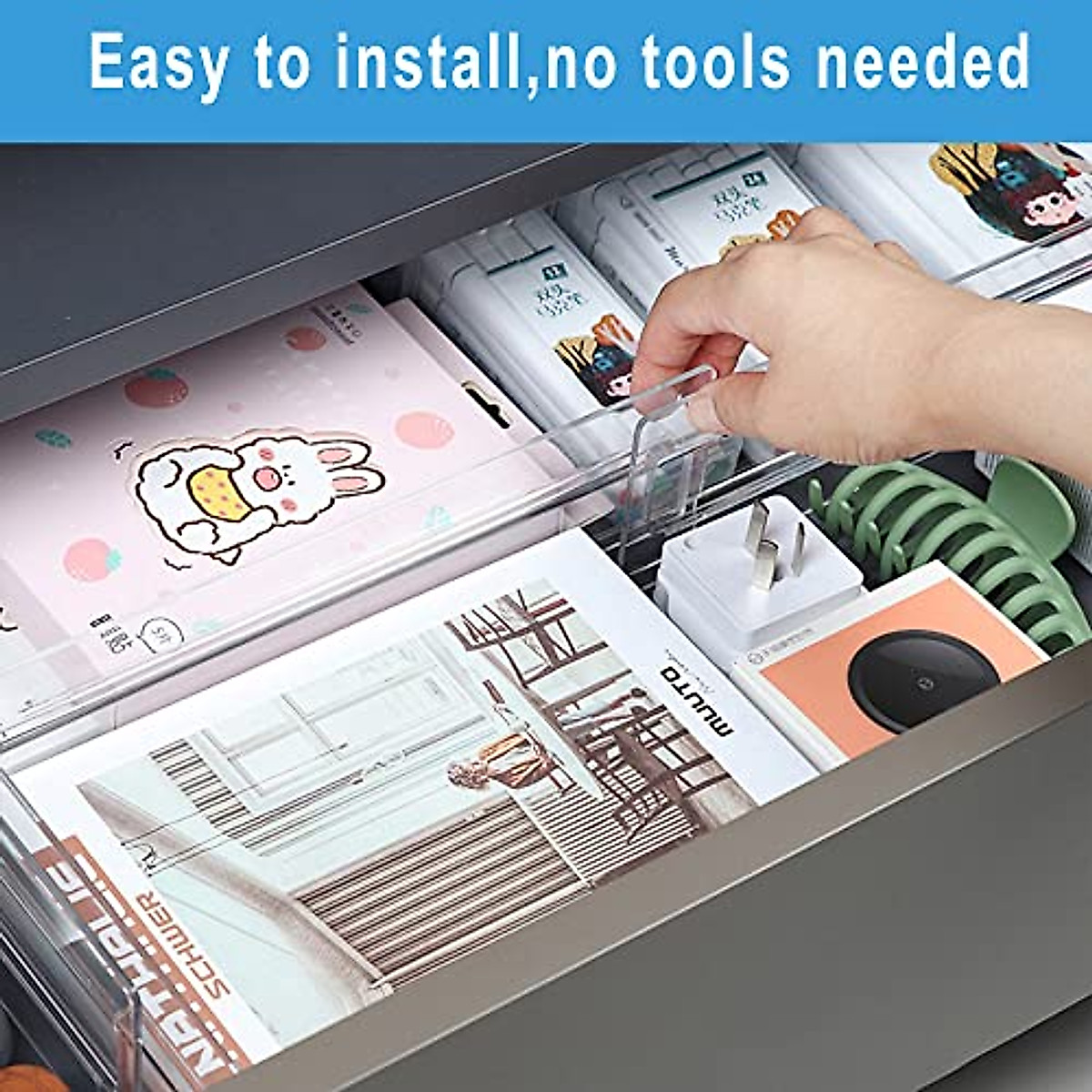 HSYP WOOD Adjustable Drawer Dividers for Clothing & Home Utensils-4 Pack of Clear Plastic Drawer Organizers, 3.2", Expandable 11-19". Ideal for Kitchen Organizers and Storage