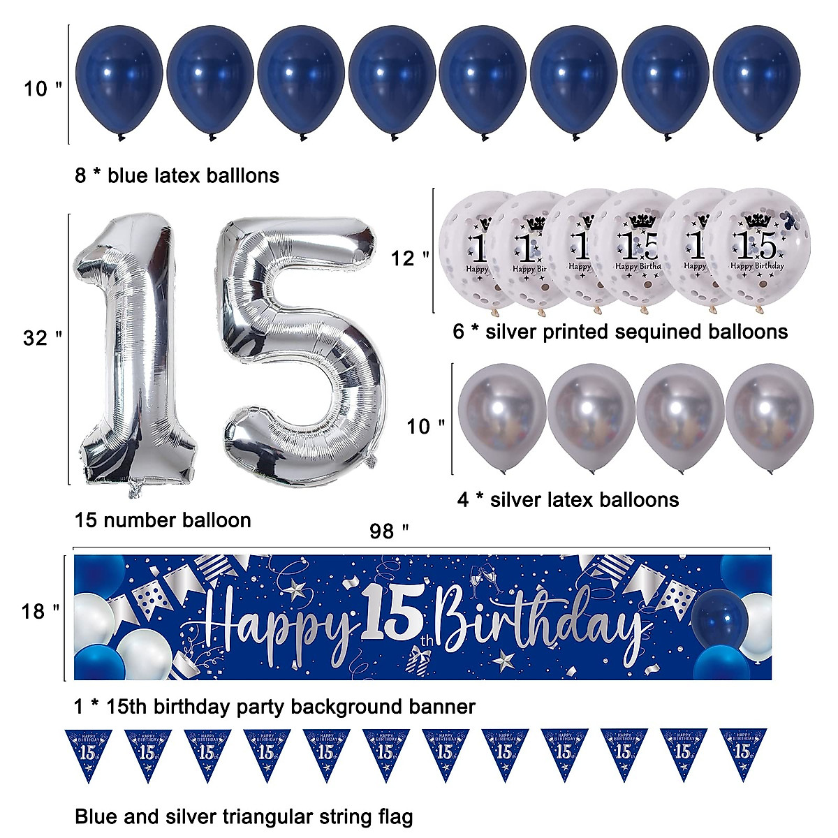 15th Birthday Decorations for Boys and Girls Blue, Happy 15th Birthday Backdrop Banner Balloons 15 Years Old Party Supplies with HAPPY BIRTHDAY Banner Silver 15 Birthday Decor 15th Bday Women Her Him