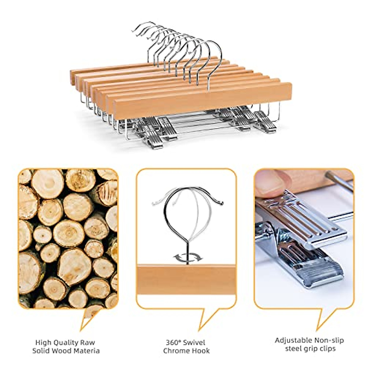 Nature Smile Kids Solid Wooden Pants Hangers,Baby Toddler Children Wood Skirts Hangers,Trousers Bottom 11.8 inches Hangers with 2-Adjustable Clips Anti-Rust Hook Pack of 20 (Natural)