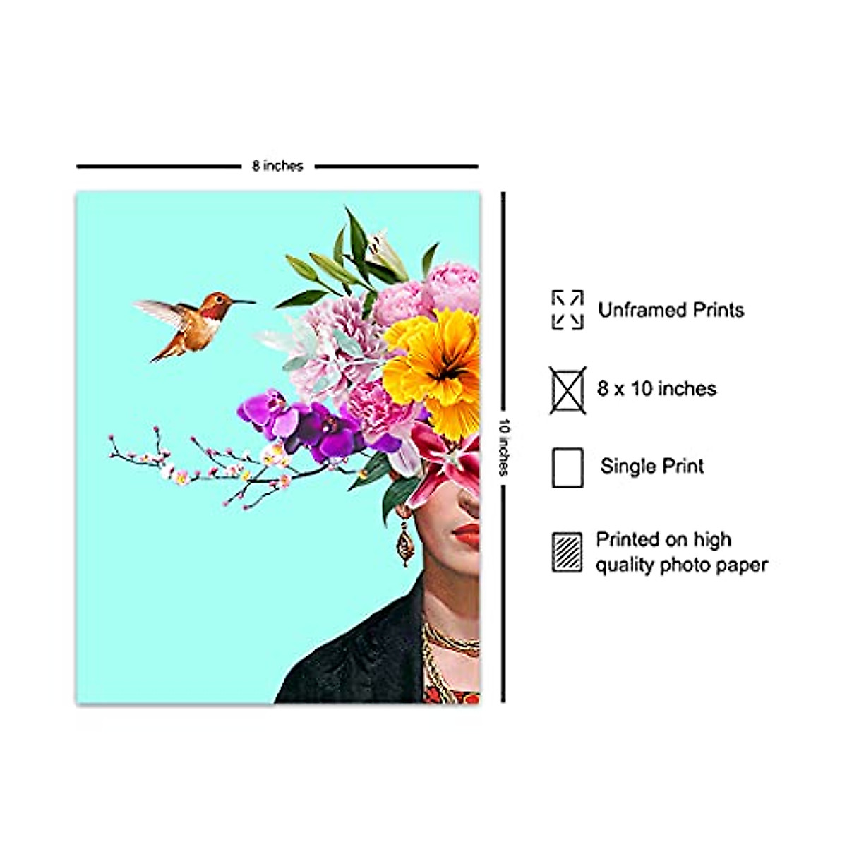 Hummingbird Flowers Tropical Wall Art & Decor - 8x10 Gifts for Women - Mexican Wall Art for Bedroom Home Office, Living Room - Floral Tiffany Blue Decor Picture Print - Hummingbird Wall Decor