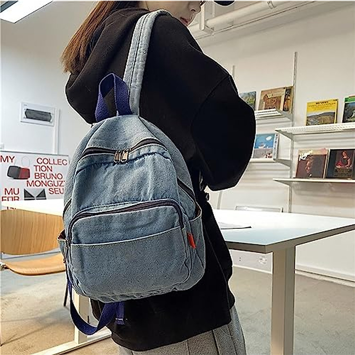 JHTPSLR Small Denim Backpack for Women Vintage Aesthetic Backpack Mini Denim Backpack Canvas Backpack Casual Daypack (Light Blue)