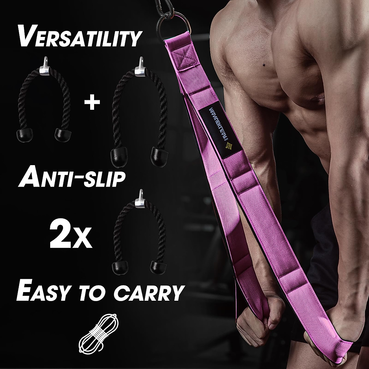 MANUEKLEAR Tricep Rope Cable Attachment Handles, Greater Range of Motion, Tricep Pull Down Rope for Push Downs, Crunches, Facepulls for Professional Gym (Pink)