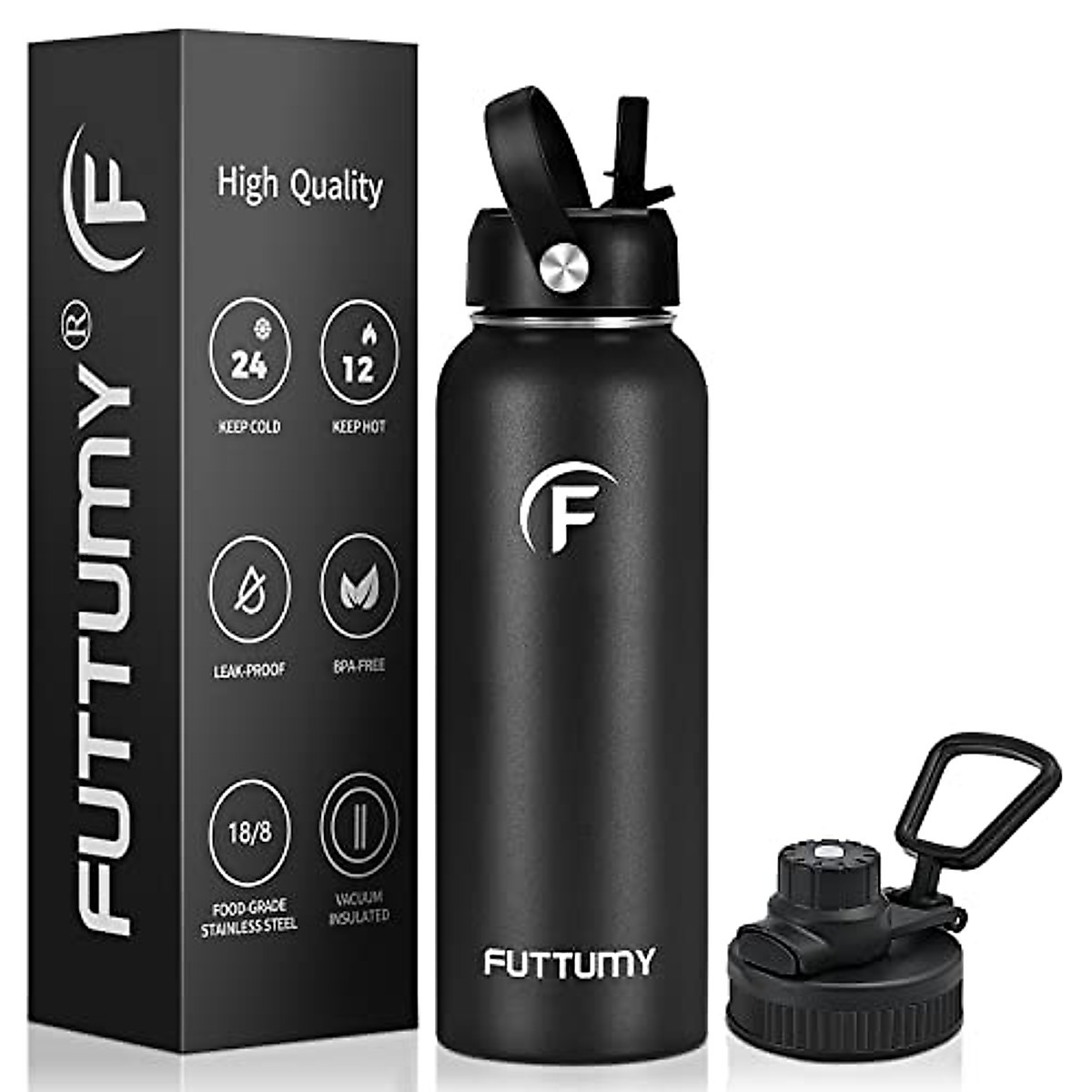 Futtumy Stainless Steel Water Bottle with Straw, 40oz Water Bottle with Spout Lid and Straw Lid, Double Wall Vacuum Insulated Water Bottle, Thermal Bottle for Sports, Travel, School, Gym (Black)