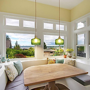 Qufute Green Hanging Light Vintage Modern Pendant Light Fixture with Stripe Green Glass Shade Glass Pendant Lighting Gold Pendant Lamp for Kitchen Island Bedroom Farmhouse