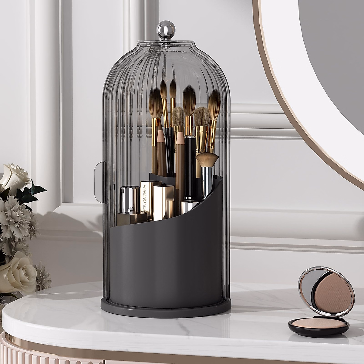 YOOLENS Makeup Brush Holder with Lid 360 Rotating Clear Dustproof Make Up Organizers for Vanity Bathroom Countertop, Black