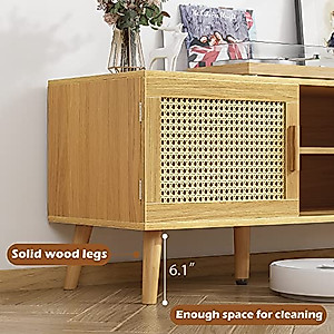 SUPERJARE Boho TV Stand for 55 Inch TV, Entertainment Center with Adjustable Shelf, Rattan TV Console with 2 Cabinets, Media Console, Solid Wood Feet, 4 Cord Holes, for Living Room - Natural
