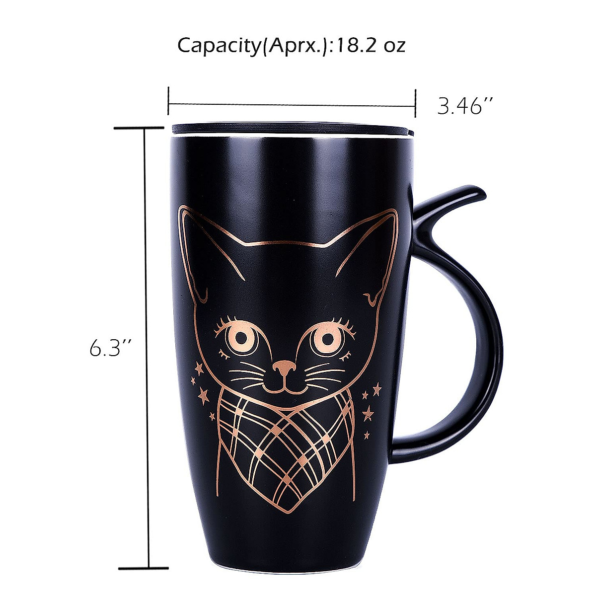 WHJY 20oz Large Black Cute Cat Ceramic Coffee Mug Cup with Splash-proof Lid, Cat Tail Shape Handle, Animal Cat Mug Tumbler (black)